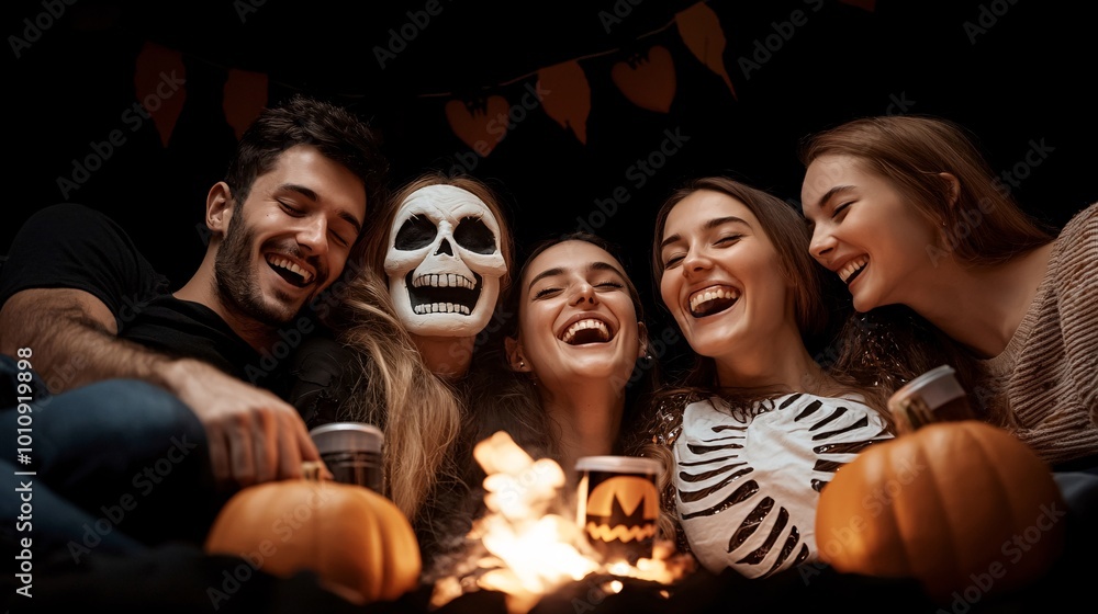 A group of friends in Halloween costumes, smiling and laughing, sitting ...