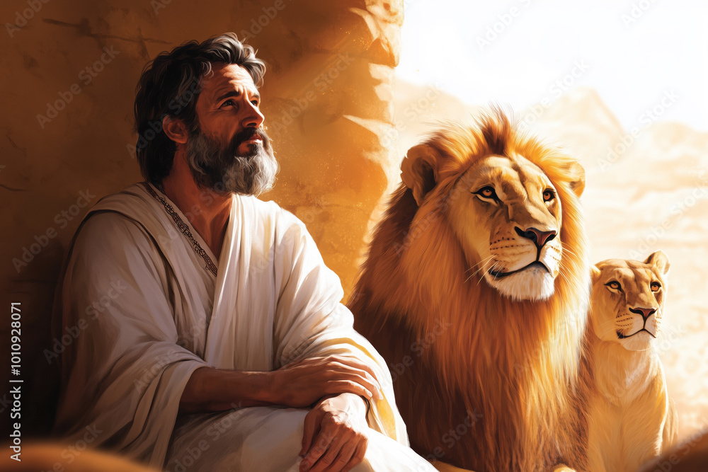 Realistic depiction of biblical Daniel sitting peacefully among lions ...