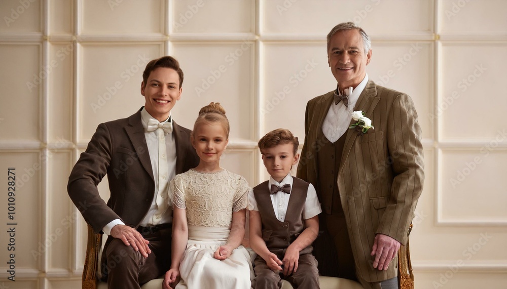 A vintage-style family portrait featuring everyone dressed in 1950s-era ...