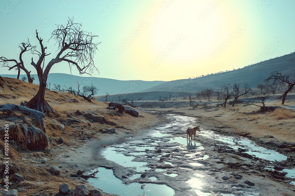 A Severe Drought Showing a Cracked and Dry Riverbed With Dead Trees and ...