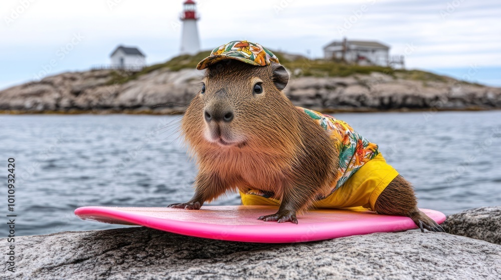 A capybara wearing a colorful floral outfit and a cap, perched on a ...