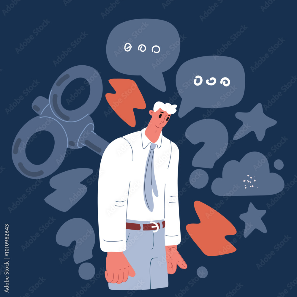 Cartoon vector illustration of an exhausted man with an empty clockwork ...