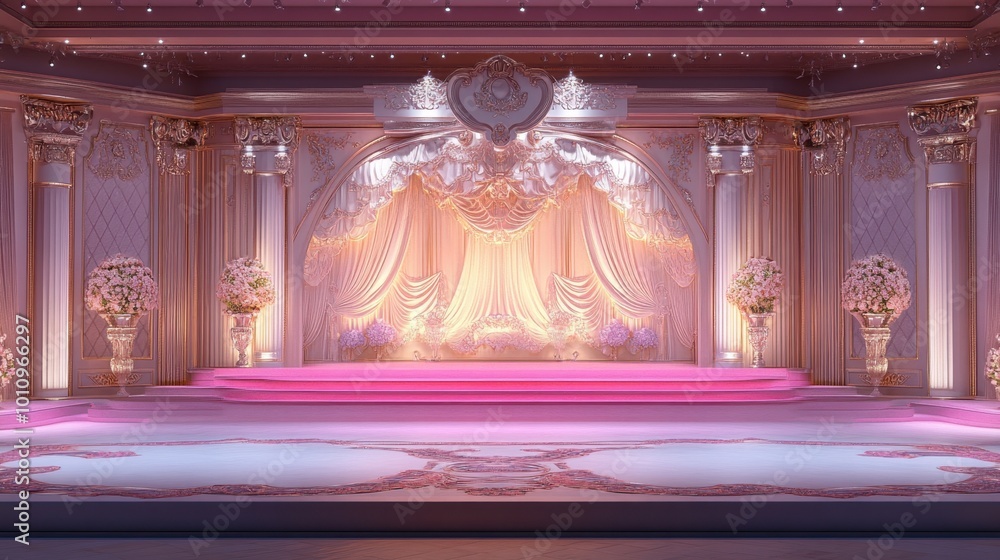 A grand beauty pageant stage with soft, elegant lighting that enhances ...