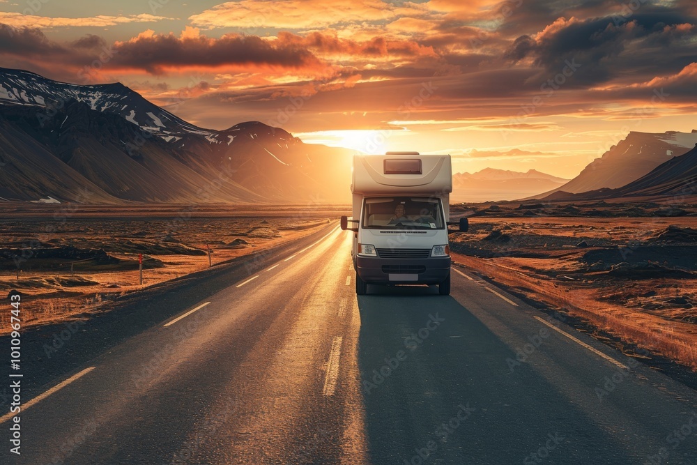 Motorhome camper van RV road trip. People on a travel vacation ...