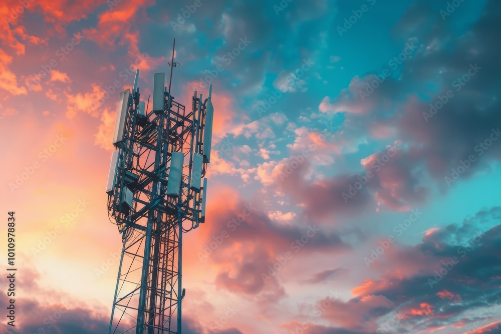 Telecommunication tower cellular. Macro Base Station. 5G radio network telecommunication ...