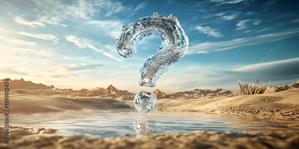 Question mark made of clear water floating in mid-air over a dry desert ...