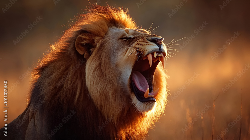 A lion in mid-roar, showcasing the raw power and vocal prowess, Regal ...