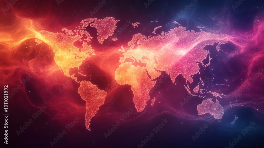 abstract wave lines weave through a backdrop of a world map symbolizing ...