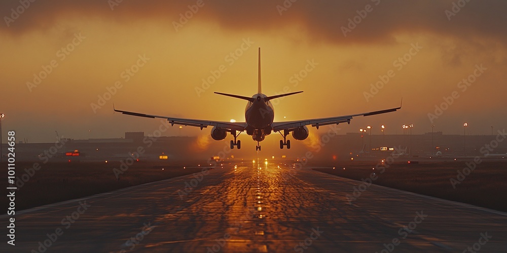 large airplane taking off from the runway at sunrise with landing gear ...