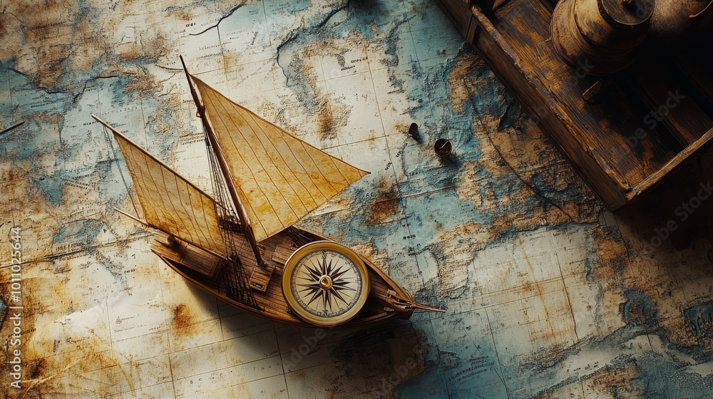 Old sailboat and compass overlay on a weathered map, evoking sea ...