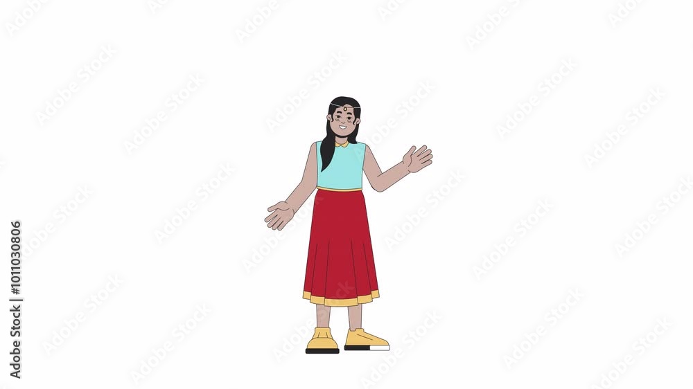 Waving hand happy south asian girl ethnic wear 2D character animation. Hindu festival of lights ...