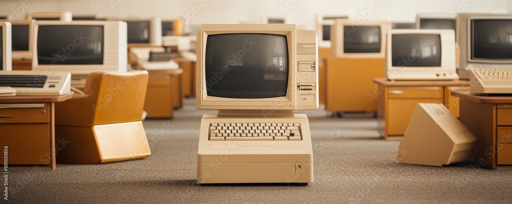 An iconic vintage desktop computer set in a retro office environment ...