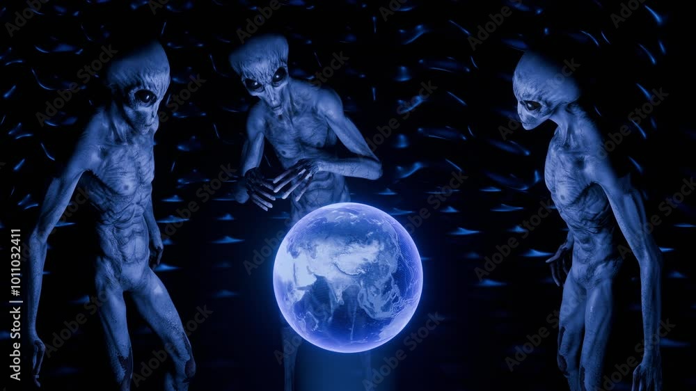 Group of three grey aliens standing behind a Hologram of Planet Earth ...