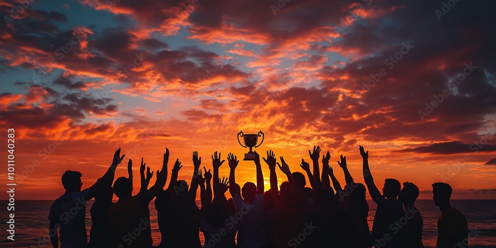 triumphant team celebrates under a glowing sunset, with numerous ...