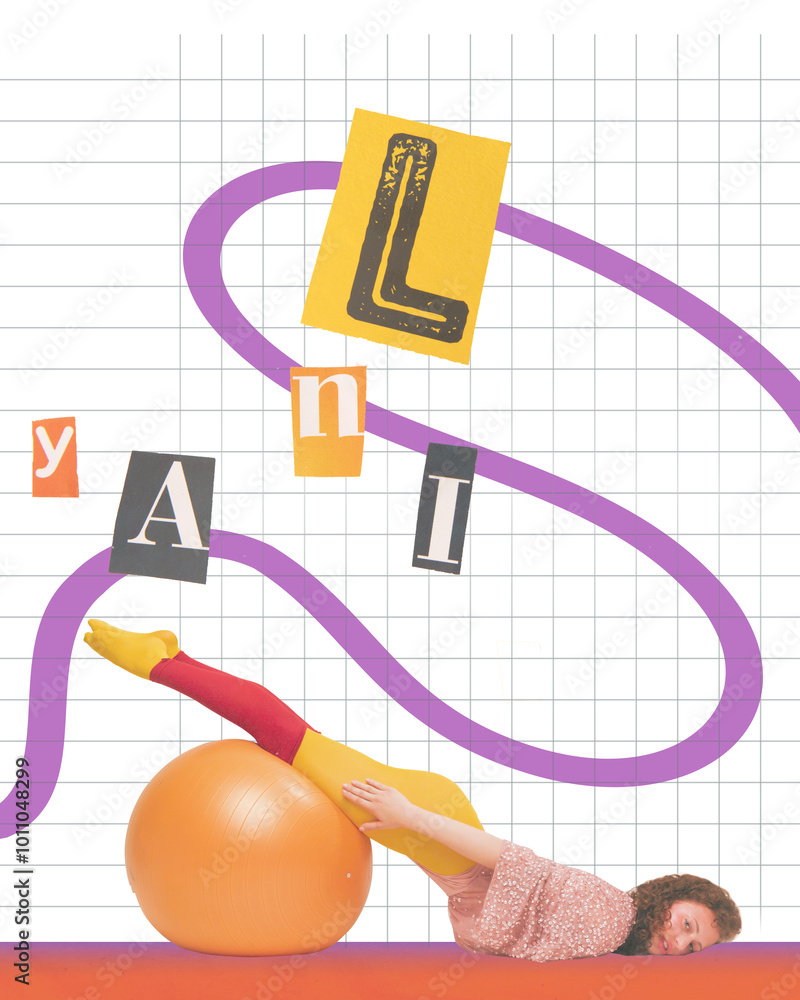 Woman doing stretch on balance ball, clad in bright retro workout ...