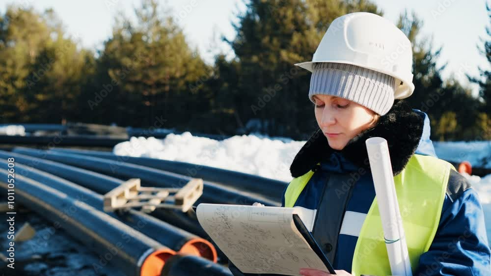 A female engineer or inspector at the construction site of the main gas ...