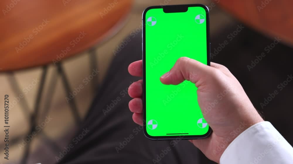 Scrolling pages on smartphone with vertical green screen and tracking ...