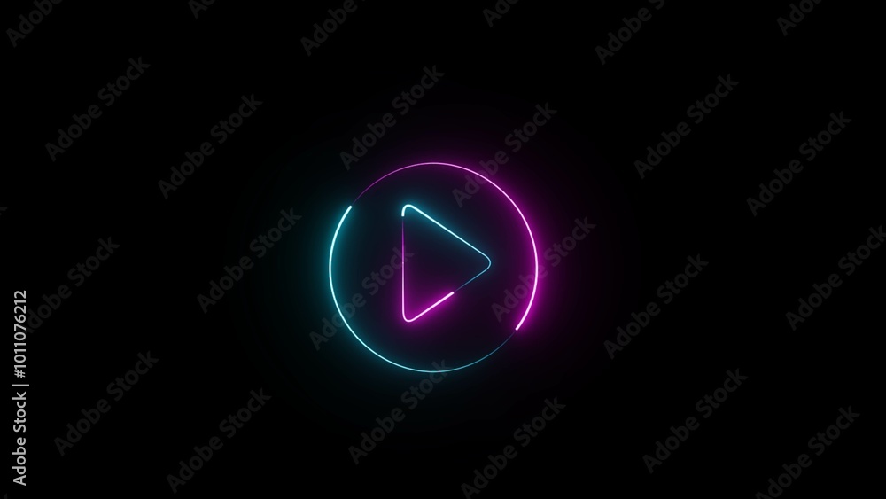 Neon pink and green color play button icon on black background. Neon ...