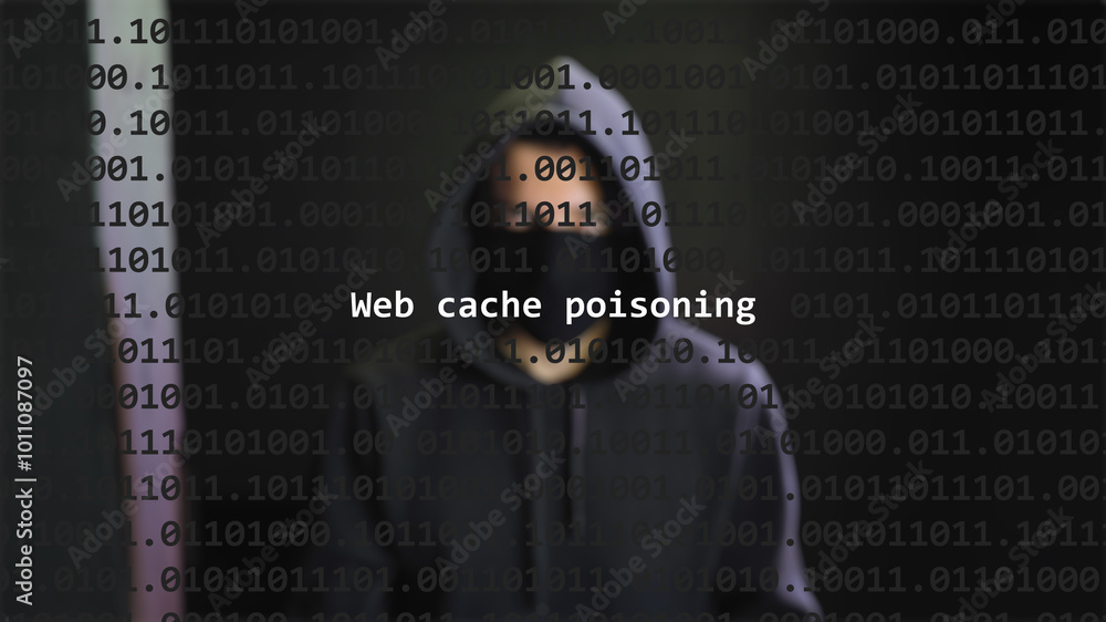 Cyber attack web cache poisoning text in foreground screen, anonymous hacker hidden with hoodie ...
