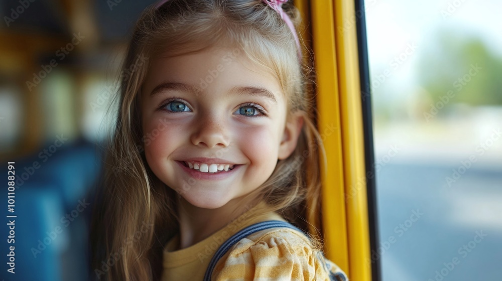 happy little girl smiling as she gets on the school bus for a joyful ...