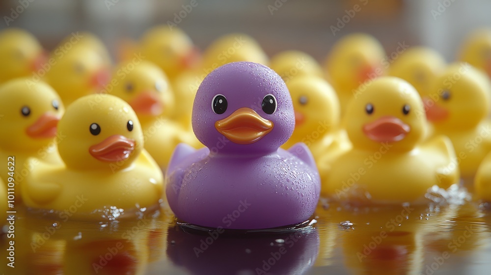 Purple rubber duck floating among yellow rubber ducks Stock ...