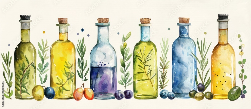 Watercolor of various glass bottles containing olive oil vinegar and ...