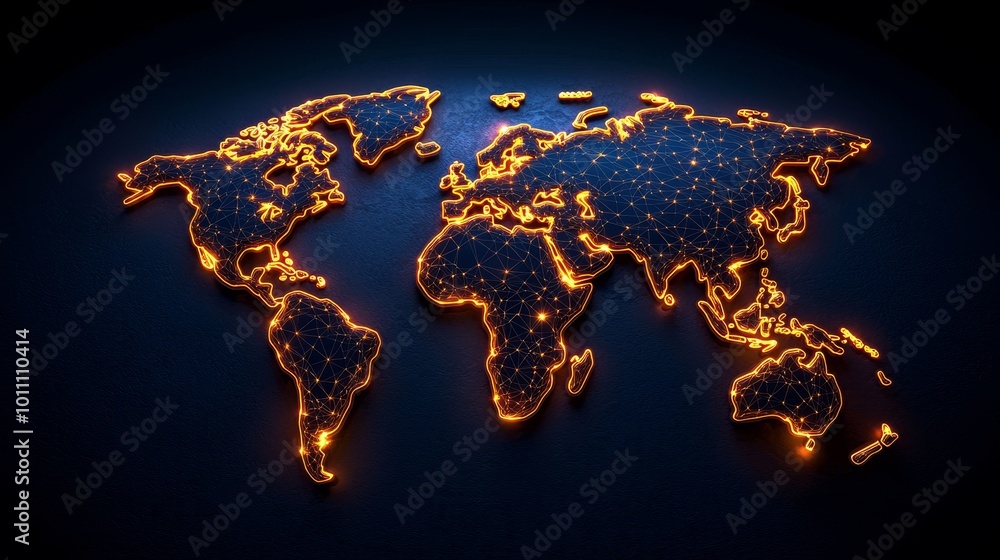 Watercolor world map with glowing nodes, each connected by lines ...