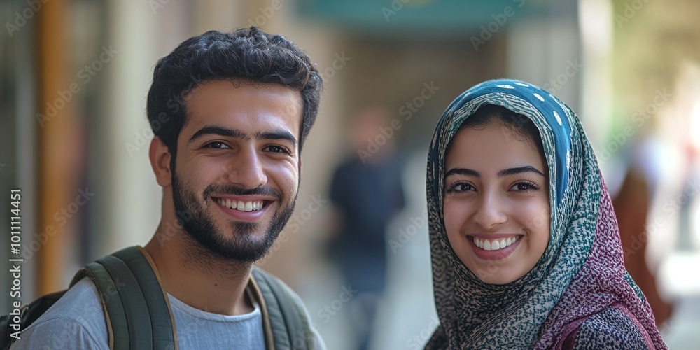 smiling Middle Eastern students male and female posing together for a ...