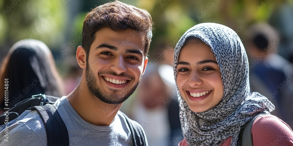 smiling Middle Eastern students male and female posing together for a ...