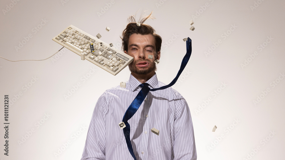 Digital overload and frustration. Flying keyboard strikes man's face ...