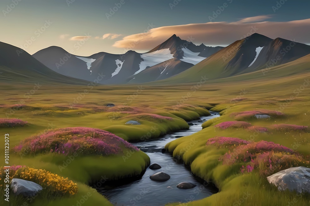 Serene tundra ecosystem with warm sunlight, clear streams, and diverse ...