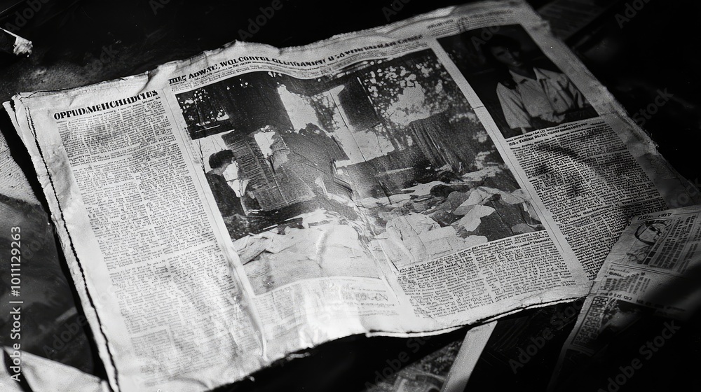 A close-up of an old, worn newspaper spread out on a surface ...