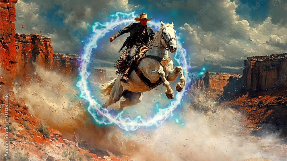 Cowboy on Horse Leaping Through Time Portal. Seamless loop video ...