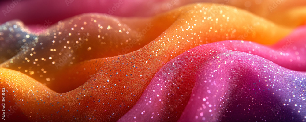 Sparkling expensive fabric pink and peach color, close up. Indian style ...