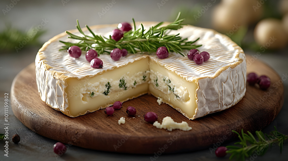 A round, smooth wheel of goat cheese with a delicate white rind ...