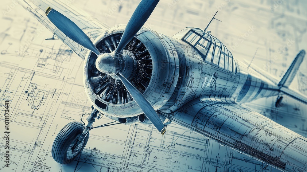 A vintage airplane model showcased against detailed blueprints ...