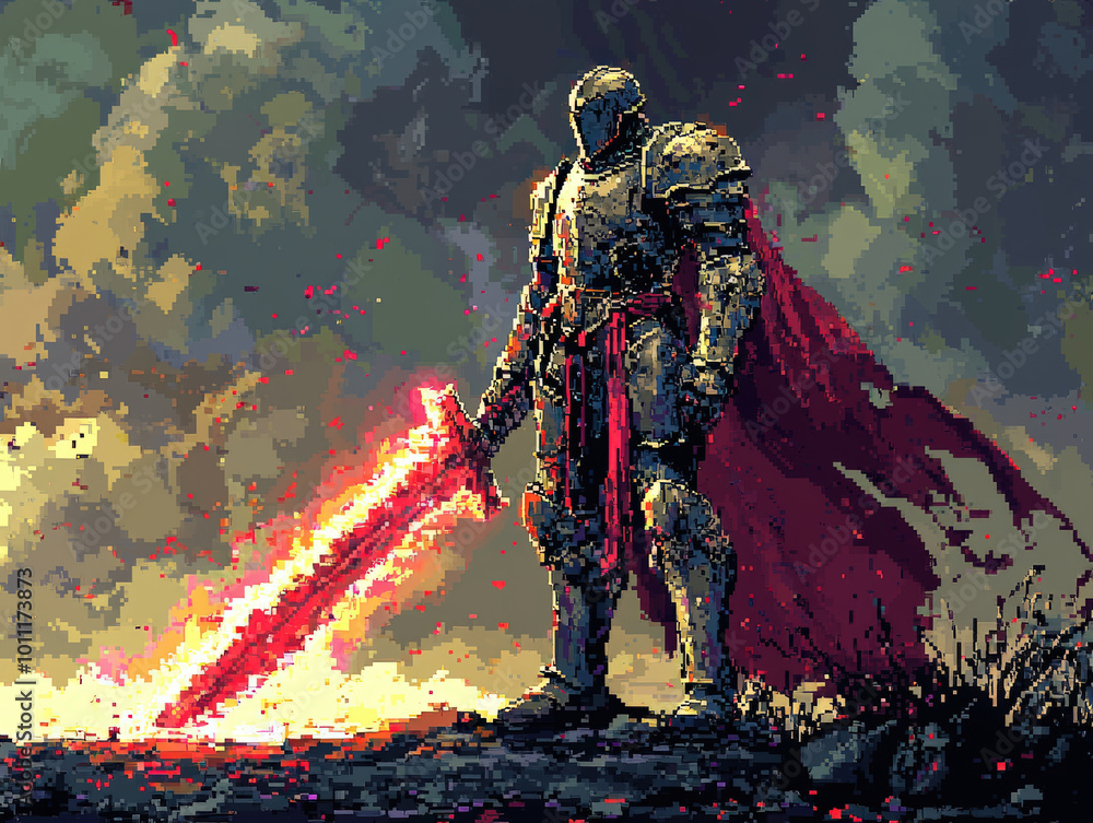 retro RPG warrior stands confidently with large glowing sword, clad in ...
