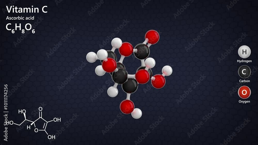 Molecule of Vitamin C, or ascorbic acid (C6H8O6) is a water-soluble ...