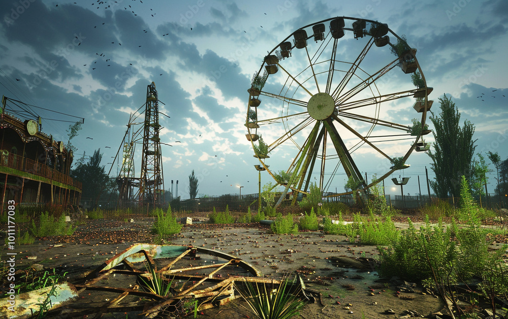 A spooky, abandoned amusement park with broken rides and overgrown ...
