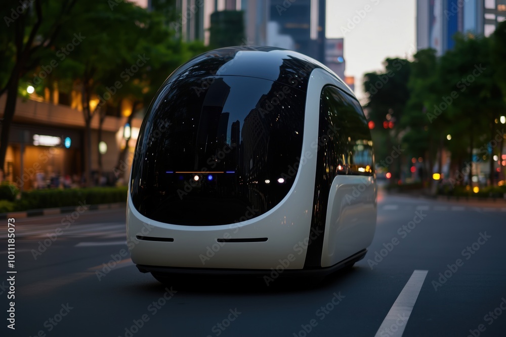 Futuristic autonomous shuttle bus is driving on a city street at night ...