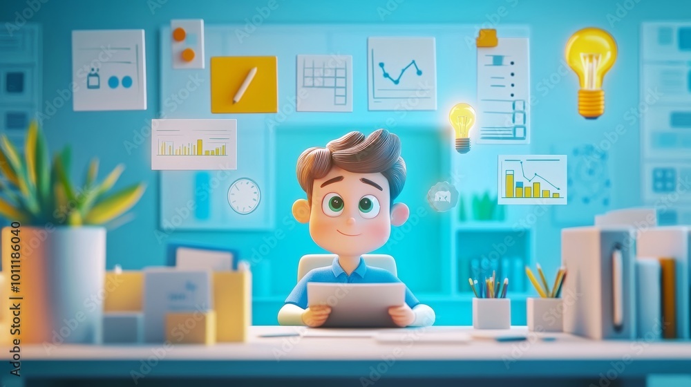 3D cartoon office scene with a character sitting at a desk, surrounded ...
