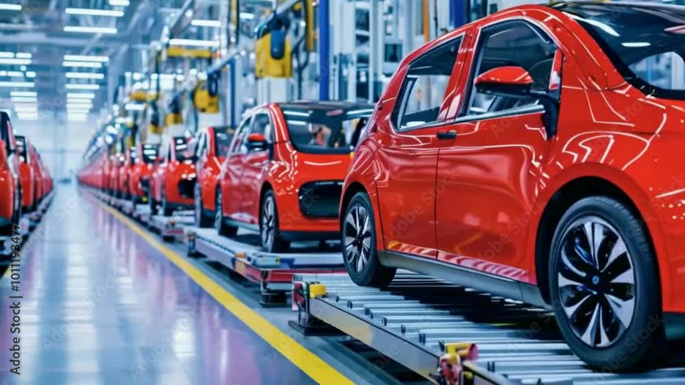 Red Electric Car on a Conveyor Belt in a Modern Factory. car ...