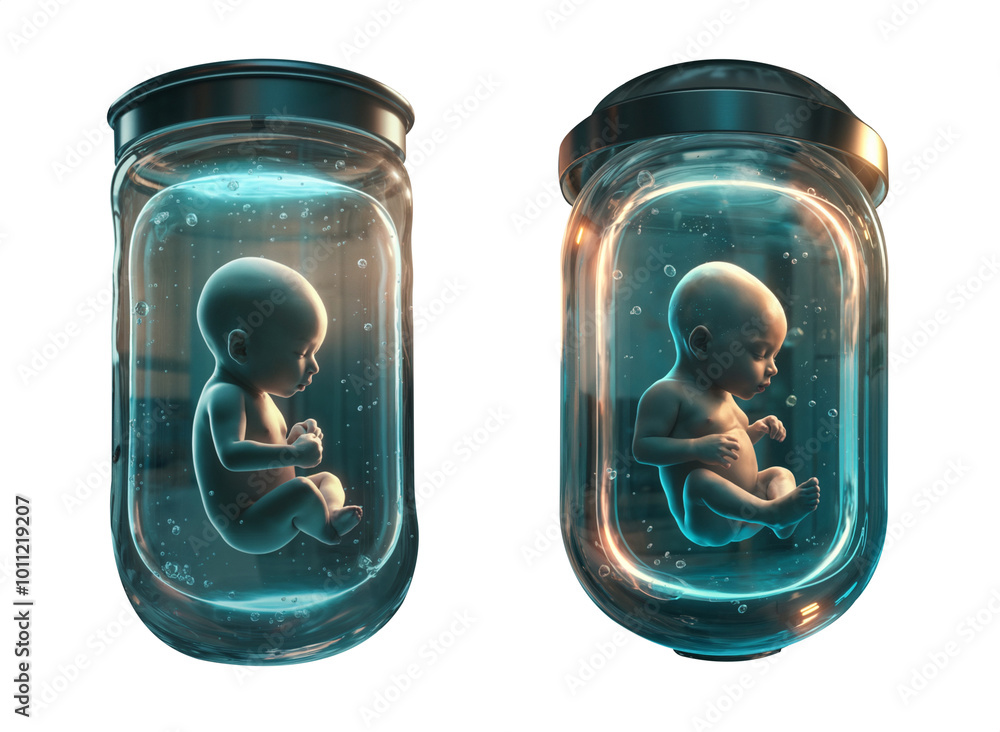 a baby fetus in a cryogenic tube chamber, covering themes from ...