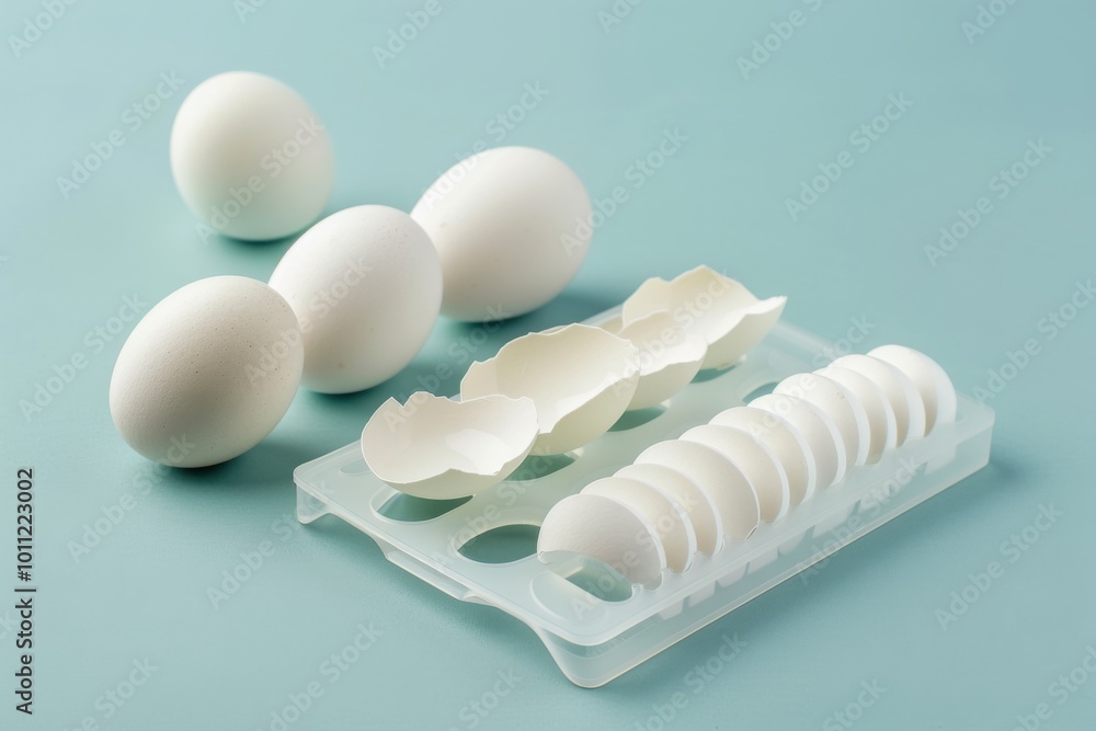 Fresh white eggs and empty shells arranged on a blue background with a ...