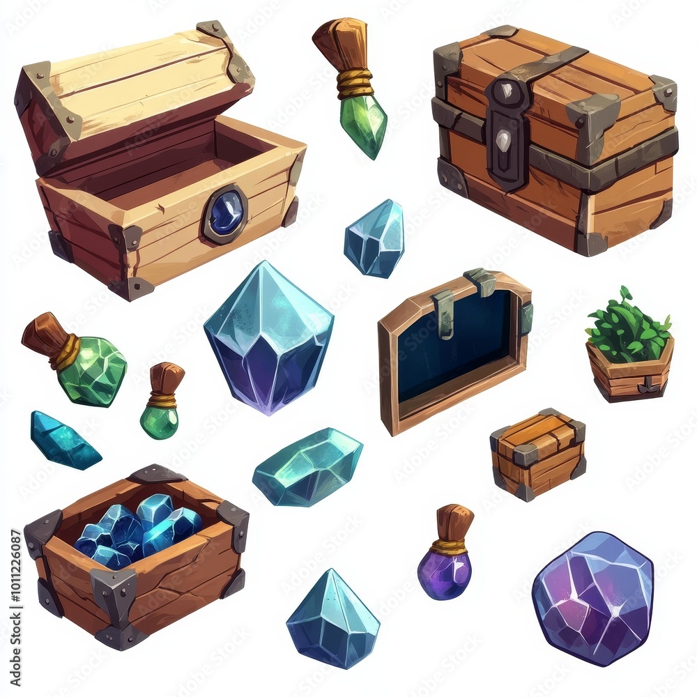 Fantasy Treasure Chest and Gemstones Collection, Game Asset, GUI, 2D ...