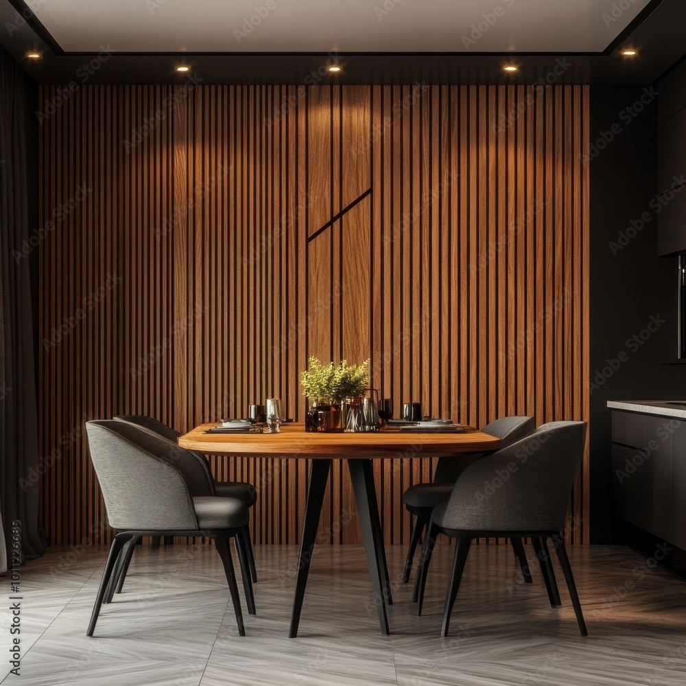 Modern Dining Room Interior Design with Wooden Wall Paneling, 3D ...