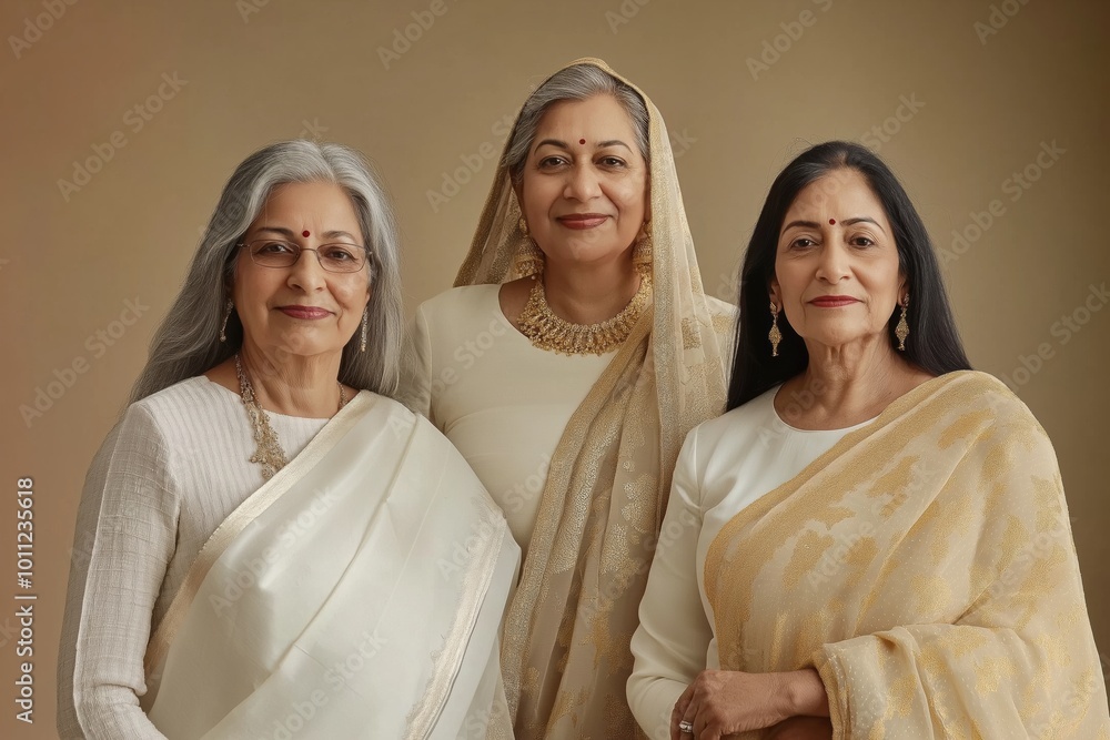 Three women wearing white and gold saris pose for a photo. The women ...