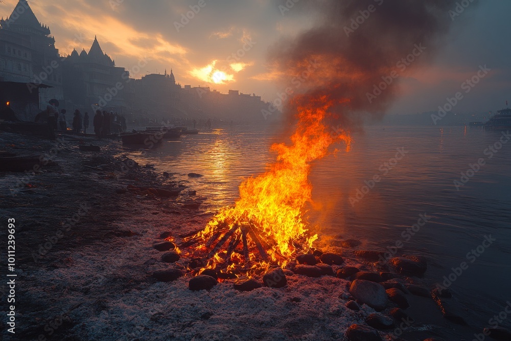 Hindu Funeral Pyre Burning on Ganges Riverbank in Varanasi during ...