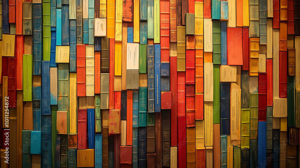 A wall covered with numerous vertically arranged books of various ...