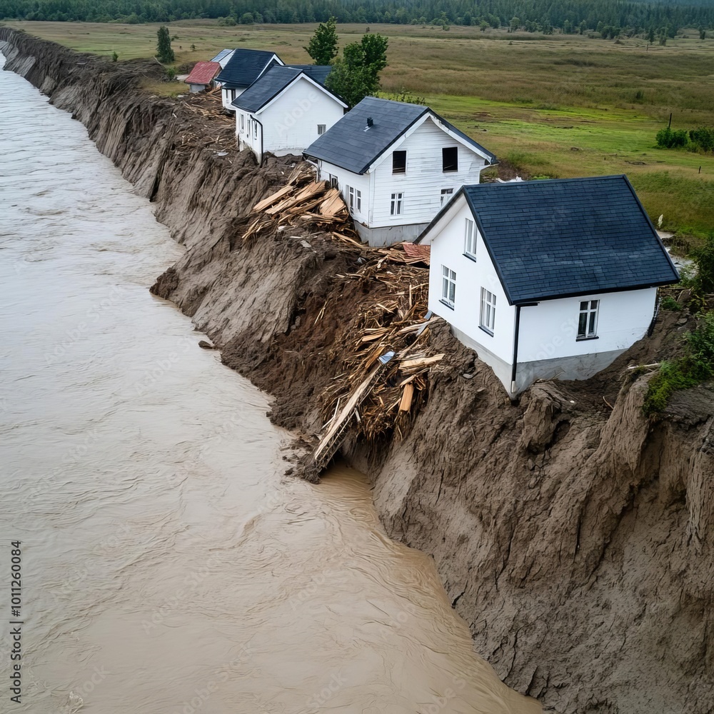 Collapsing homes along eroded riverbanks during a flood, showing the ...
